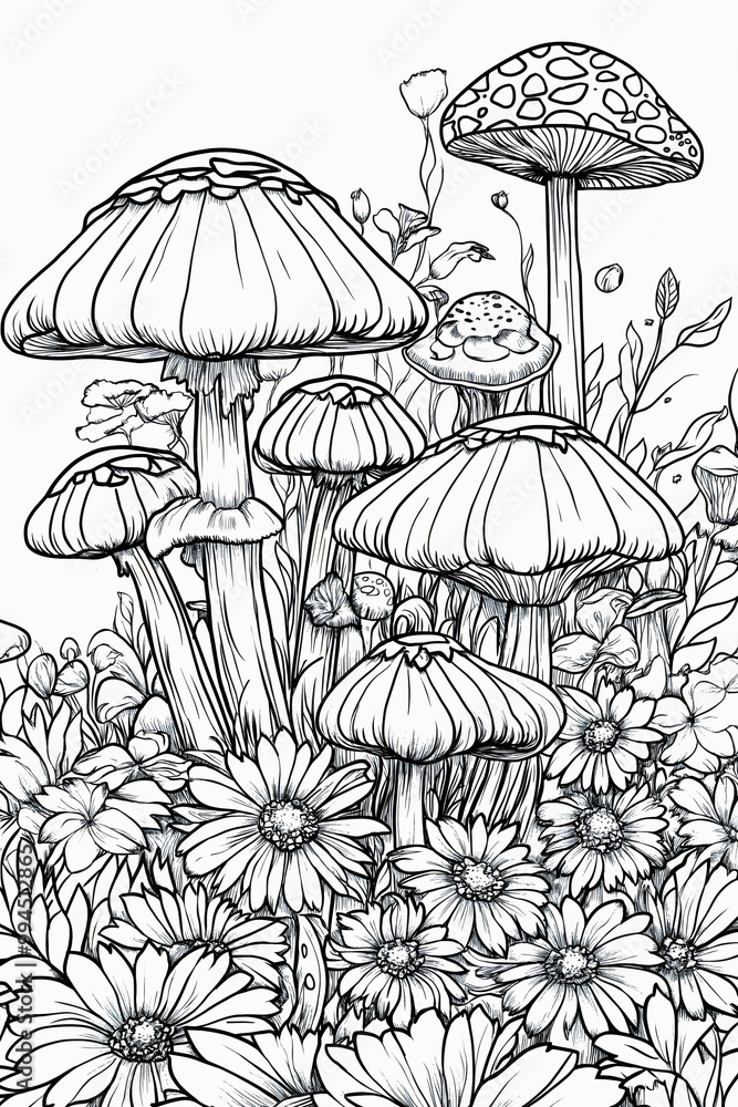 Mushroom and flower nature coloring book page, sketched forest outline ...