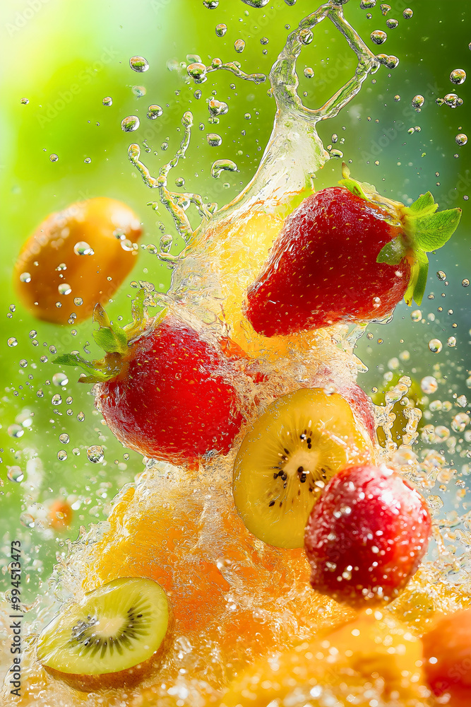 Fruit splash in drink, falling berries with liquid drops, fresh juicy ...
