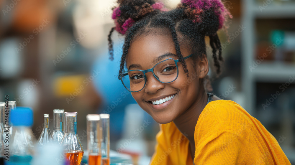 Smiling young girl in a science lab surrounded by beakers, wearing ...