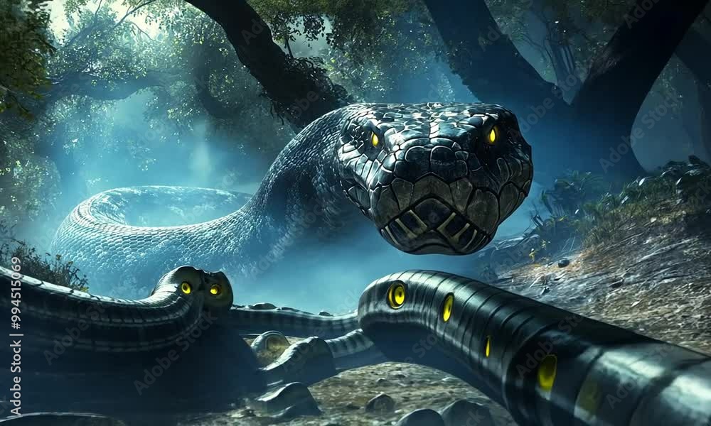 A large, menacing snake coiled in a misty forest setting. Stock Video ...