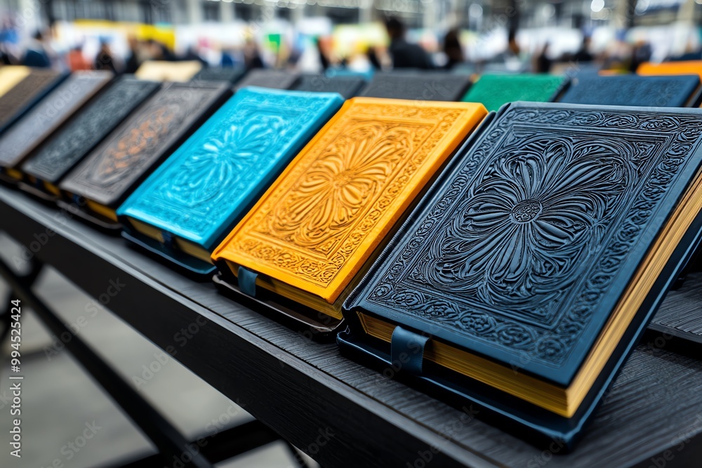 A hyper-realistic close-up of a book cover at a book fair, with every ...