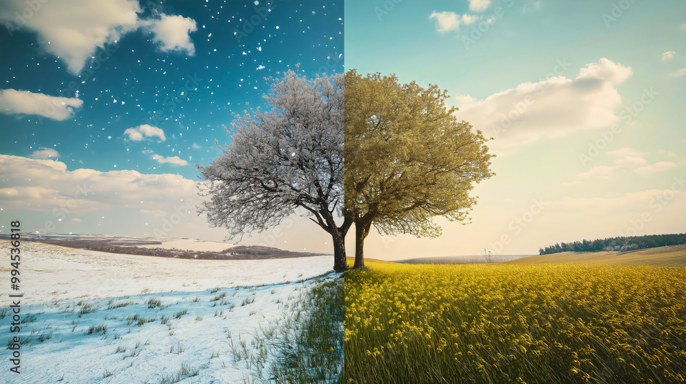 Tree transitions through seasons of weather, spring flowers bloom after ...