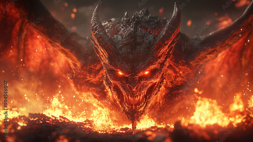 demonic visage emerges from flames, baring fangs in a fearsome display ...