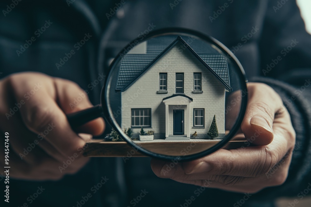 A real estate agent holding a magnifying glass over a house model ...