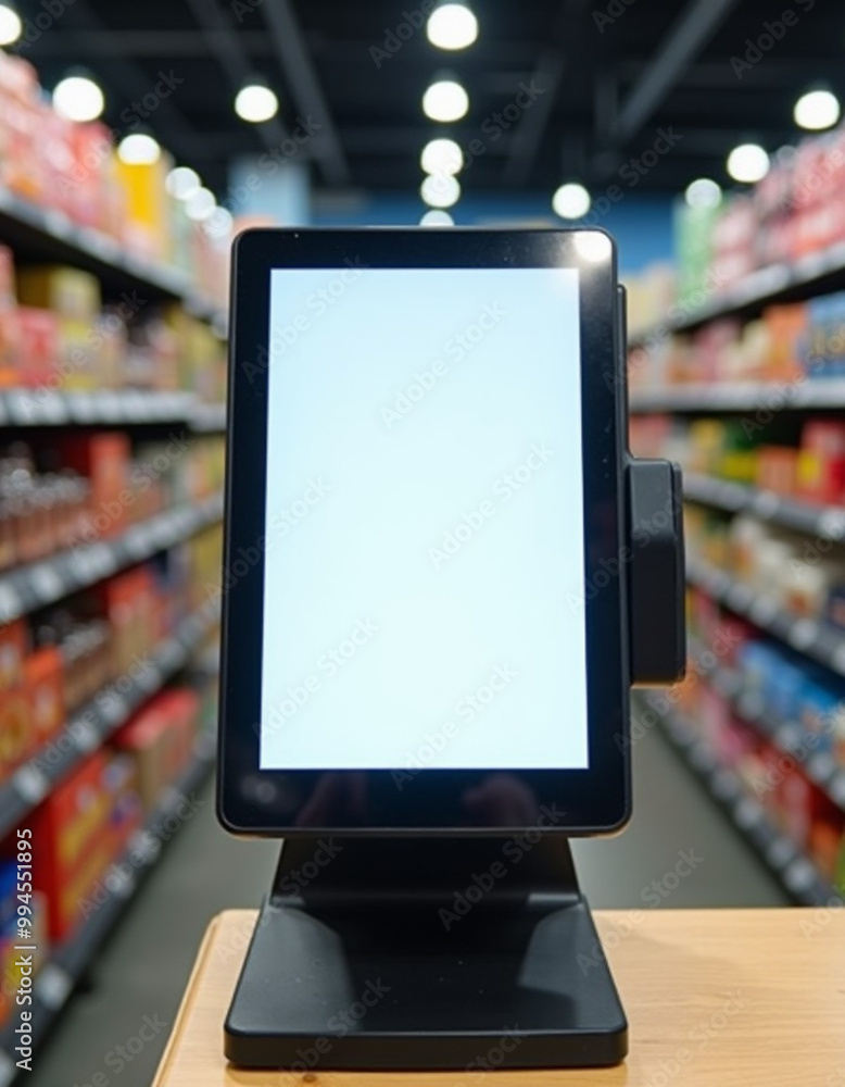 A self-service checkout kiosk stands prominently in a well-stocked ...