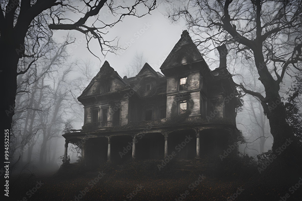 Dark Abandoned Victorian Mansion in Foggy Haunted Forest, Ominous image ...