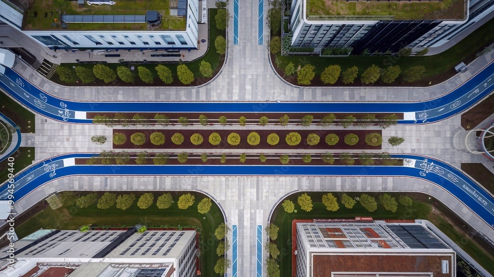 A network of bike lanes and pedestrian walkways in a urban environment ...