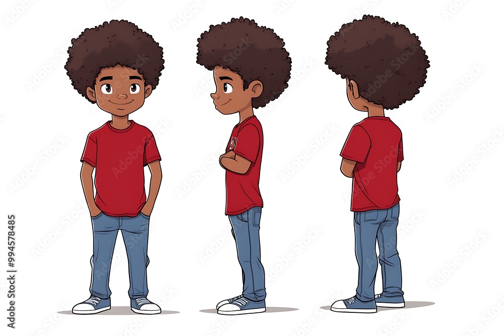Cartoon boy with afro character sprite sheet. Front, side, and back ...
