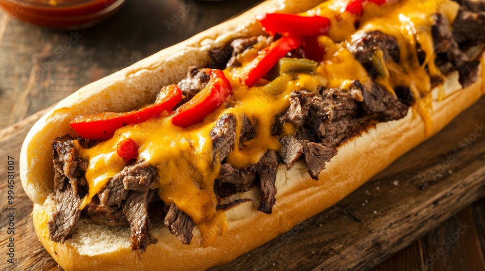 A Barros Luco sandwich from Chile, with melted cheese on a wooden board ...