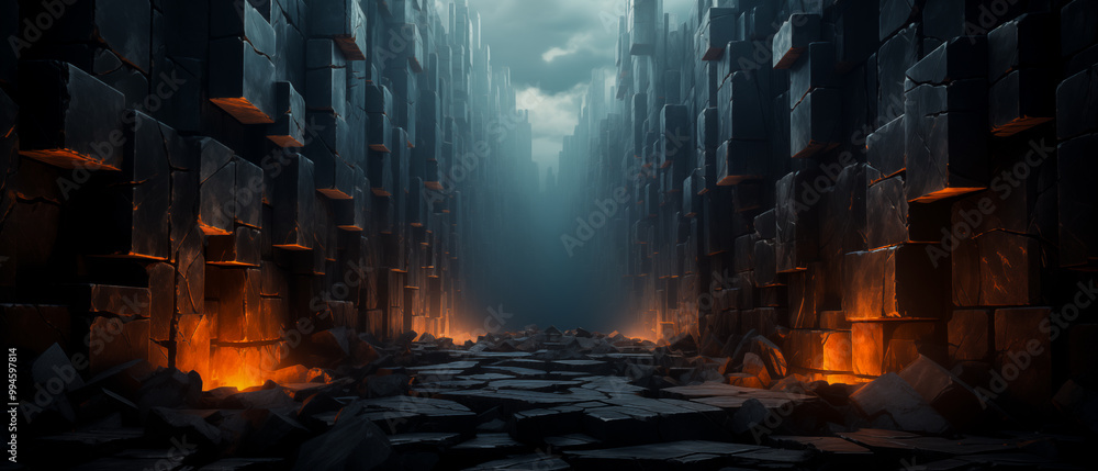 Dark futuristic dungeon corridor with floating stone blocks and fiery ...