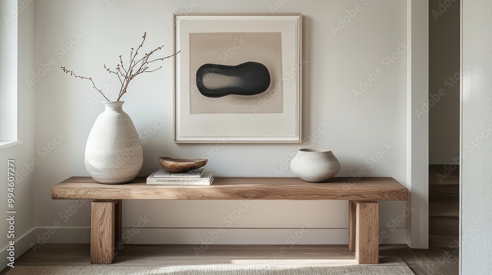 Scandinavian-style entryway with a custom wood console table ...