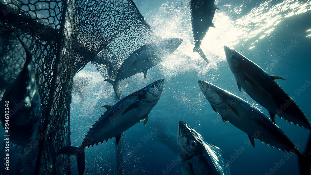 A large net full of yellowfin tuna fish seen underwater with the light ...