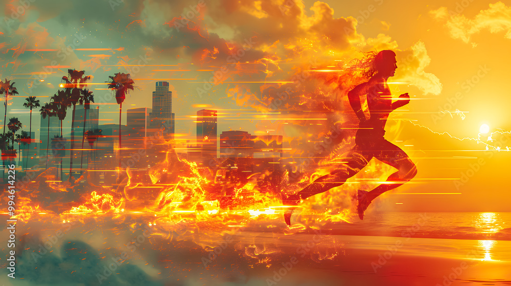 Silhouette of a sprinter running on the track in the Olympic stadium ...