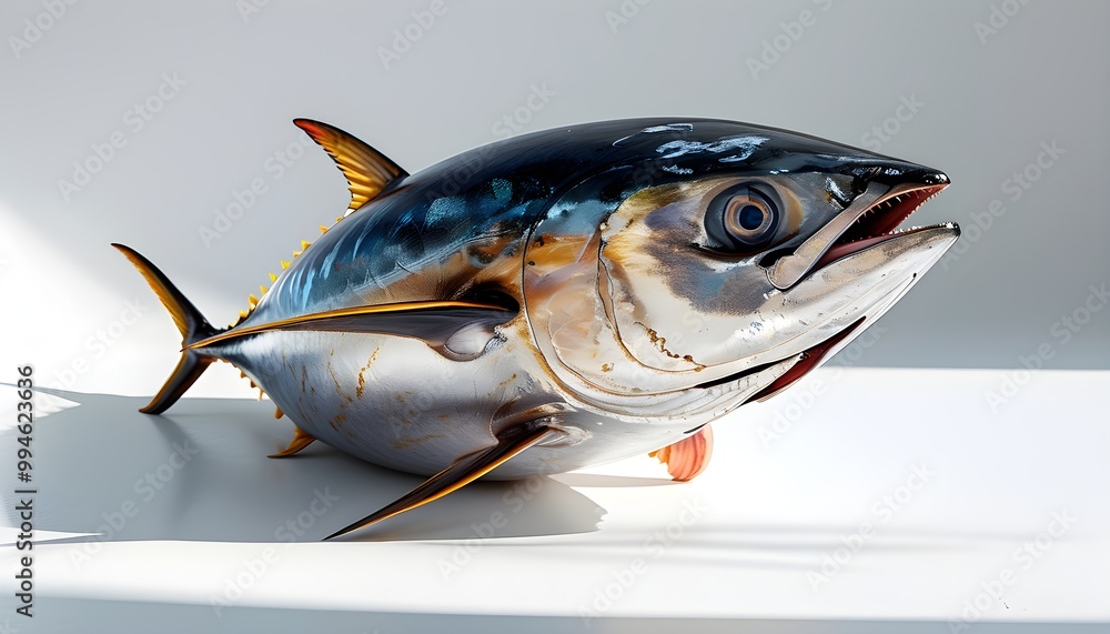 Illuminated full-body tuna fish portrait against a crisp white ...