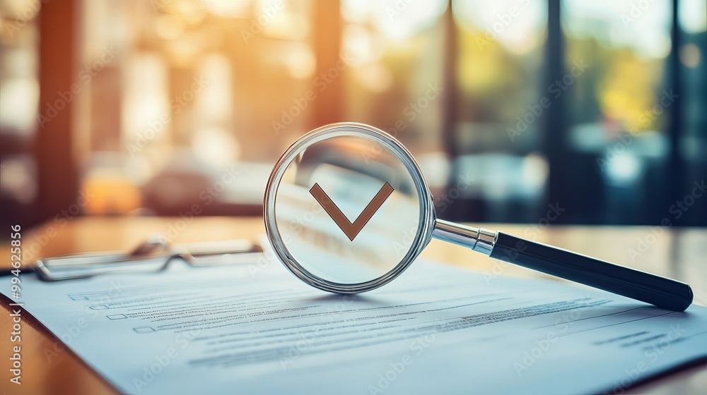 Magnifying glass and checkmark icon Represents document verification ...