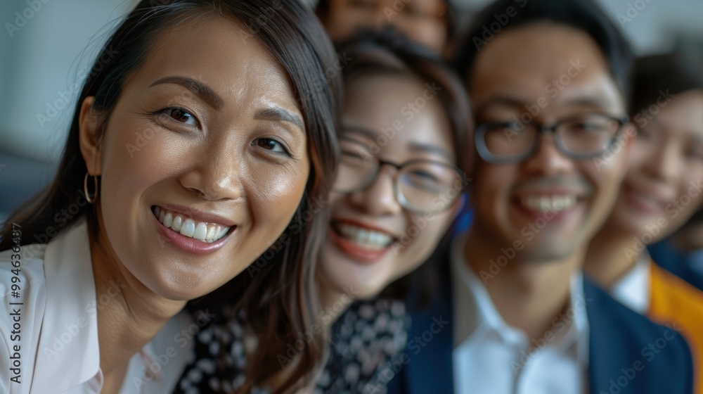 Selfie, portrait and group of professionals smiling together in an ...