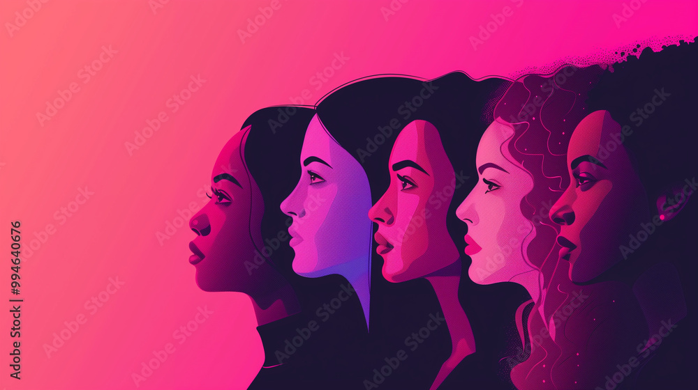 Diverse women's profiles in vibrant pink gradient. Stylized ...