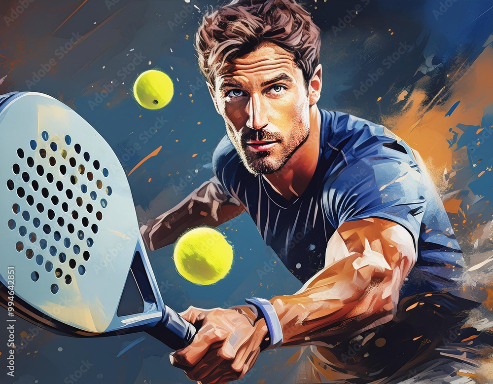 Watercolor of a man padel tennis player in action, surrounded by a ...