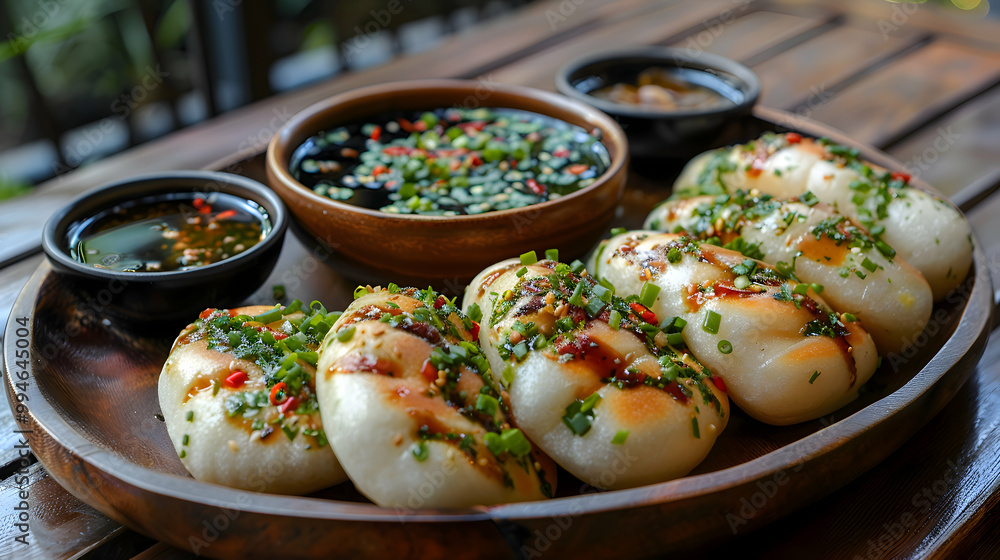 Bao buns served with a side of dipping sauces, captured using an ultra ...
