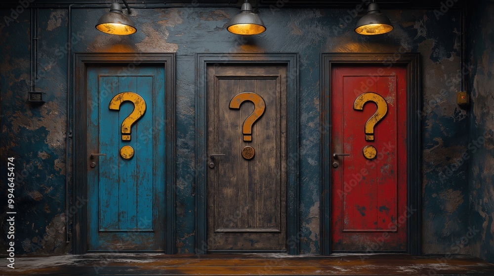 Three doors in blue, wood and red, each marked with a large question ...
