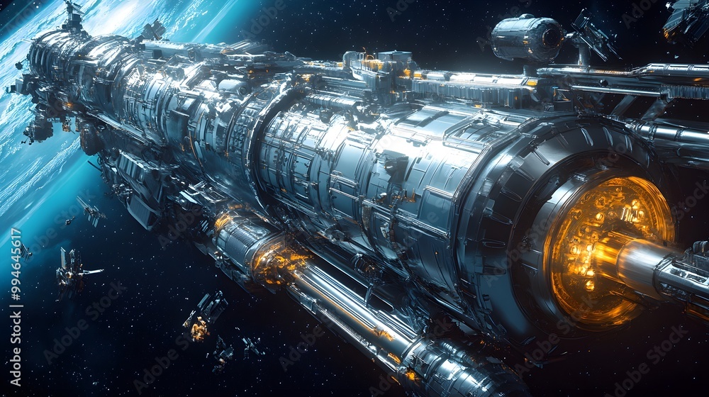 Concept art of a stainless steel tank connected to a massive space ...