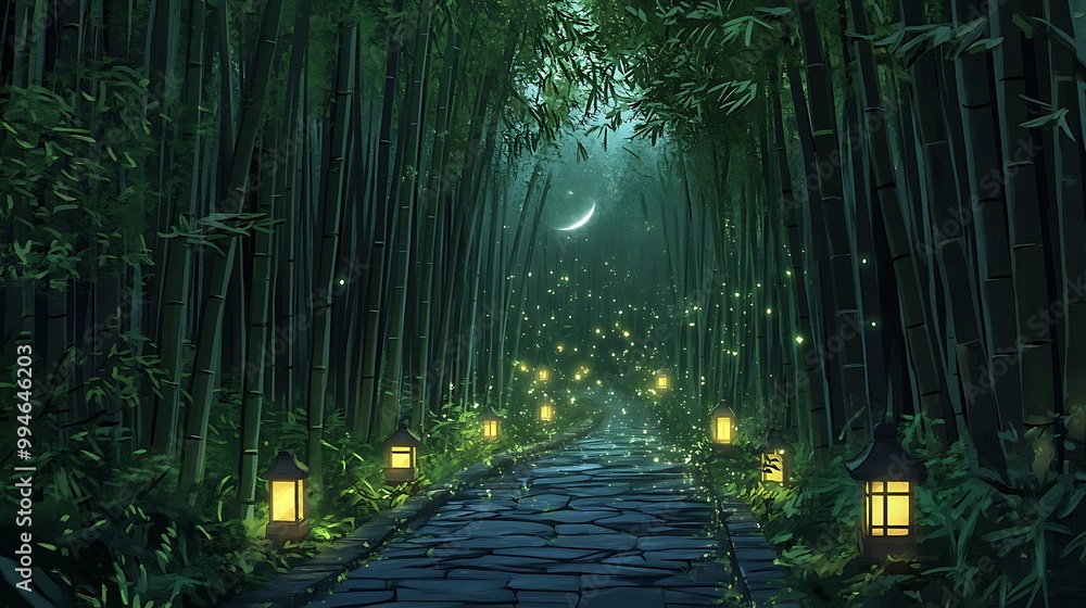 Magical bamboo forest at night with moonlight, lanterns, and fireflies ...