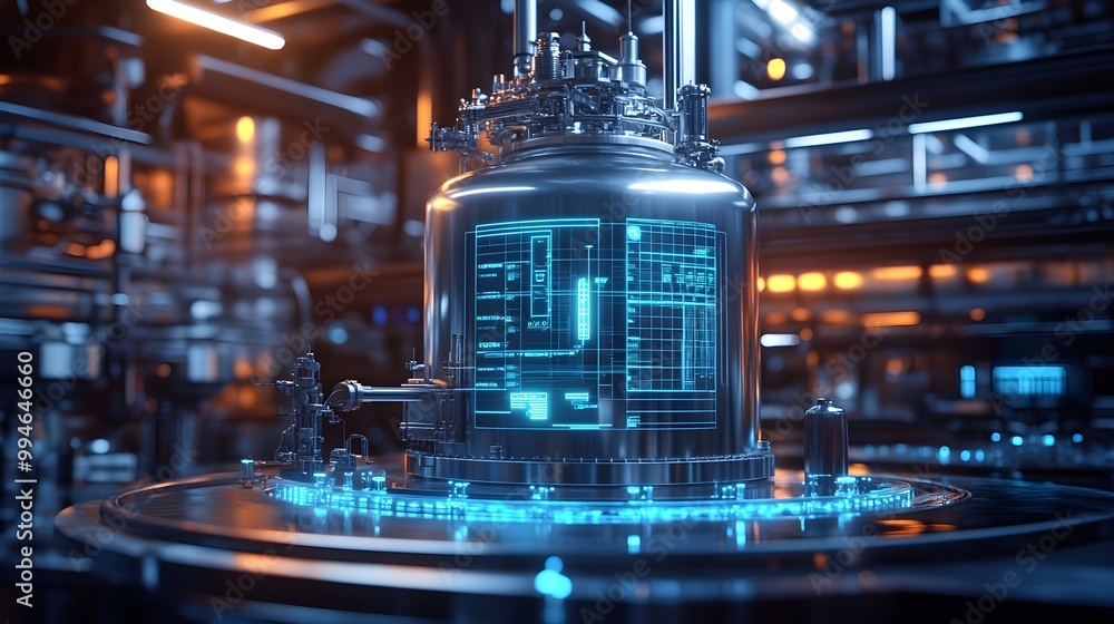 Futuristic stainless steel tank, augmented reality overlay of ...