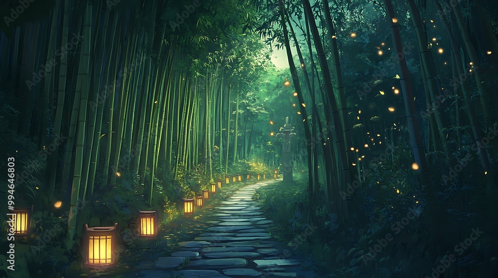 Magical bamboo forest at night with moonlight, lanterns, and fireflies ...