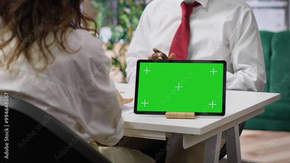 Recruiters and job applicant attending an interview with isolated copy space device, HR staff ...