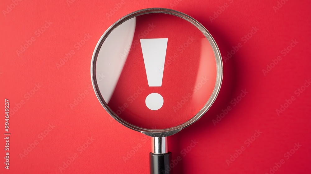 View through a magnifying glass on an exclamation mark over a red ...