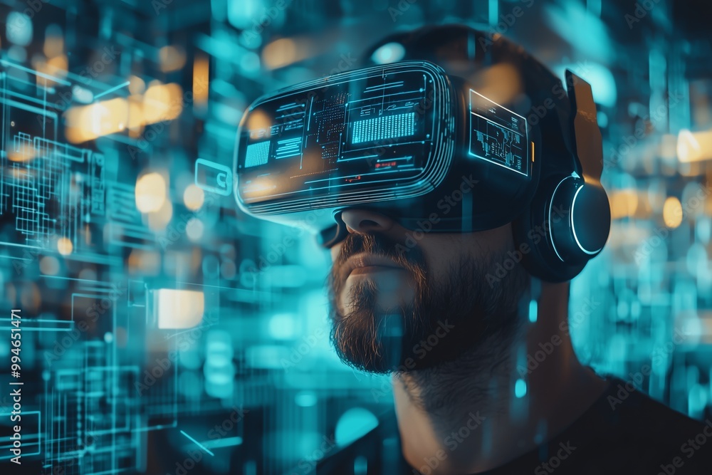 hacker wearing VR goggles, interacting with a virtual interface filled ...