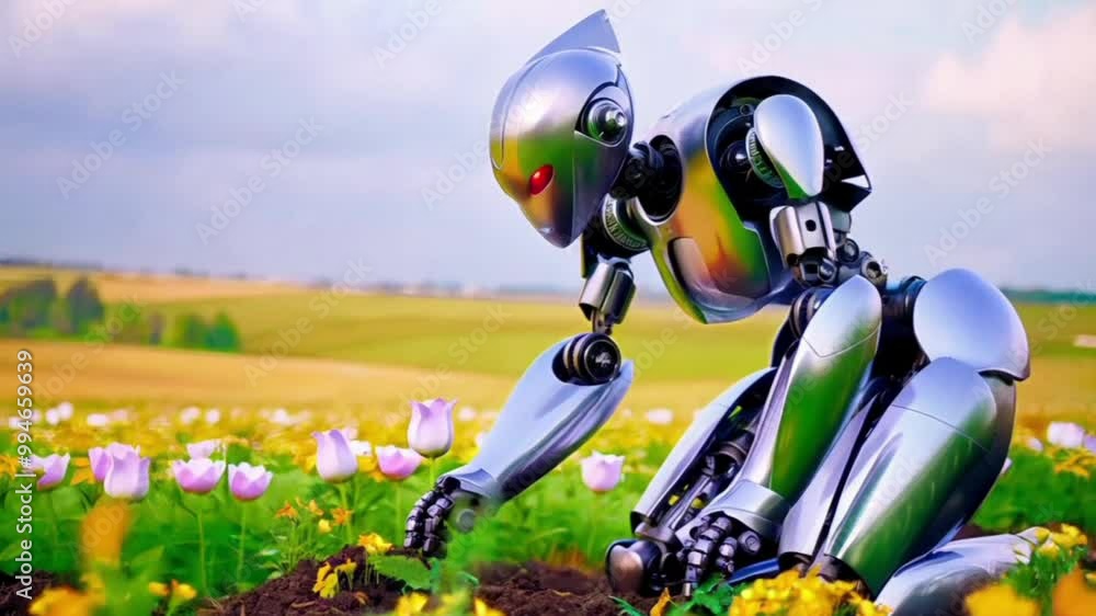 robotic precision meets nature as android plants flowers in open fields ...
