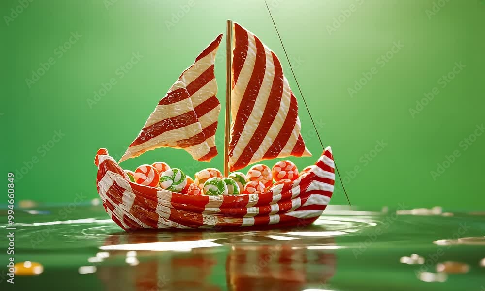 Candy Boat with Peppermint Sails on Water green screen background with ...