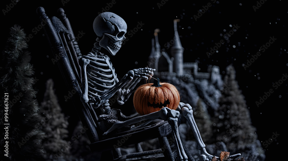 A smiling skeleton sits in a rocking chair on the porch with pumpkins ...