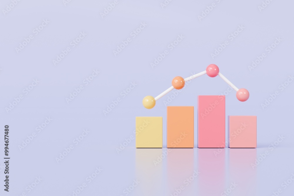 3D Bar Chart with arrow rising icon on isolated purple background ...