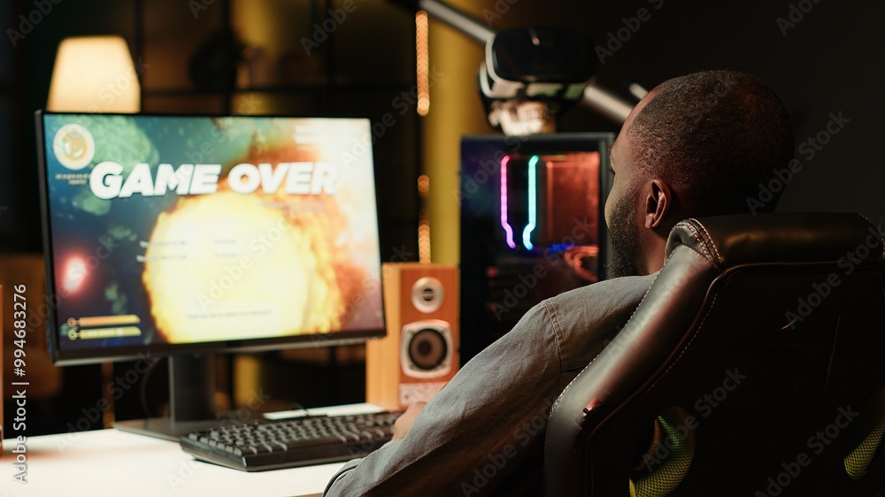 Gamer losing intense singleplayer spaceship arcade racing videogame ...