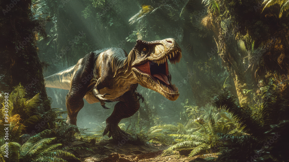 An Allosaurus roaring in a dense jungle, with vines and foliage hanging ...
