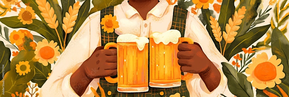 African man holding beer mugs on yellow retro background. Vintage ...
