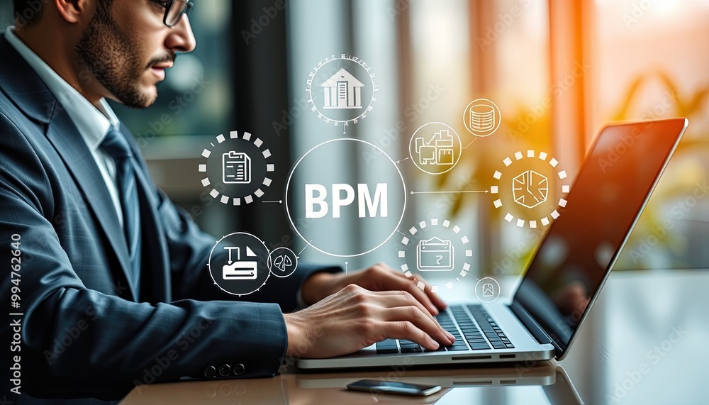 BPM, Business Process Management Concept. A businessman works on a ...