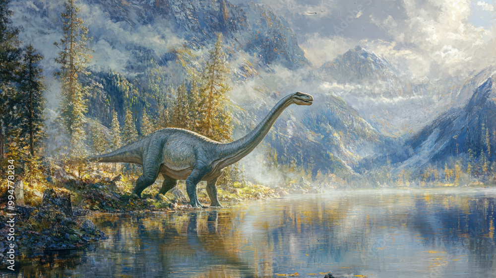 An elegant Diplodocus gracefully drinking water from a calm prehistoric ...