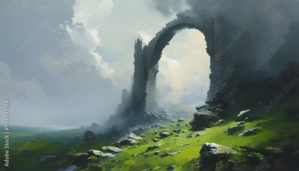 Ethereal landscape featuring a stone archway over a misty green expanse ...