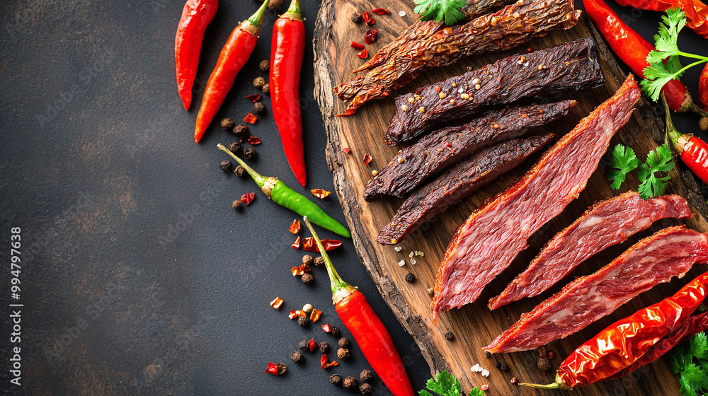 various types of biltong arranged on a rustic wooden board with whole ...