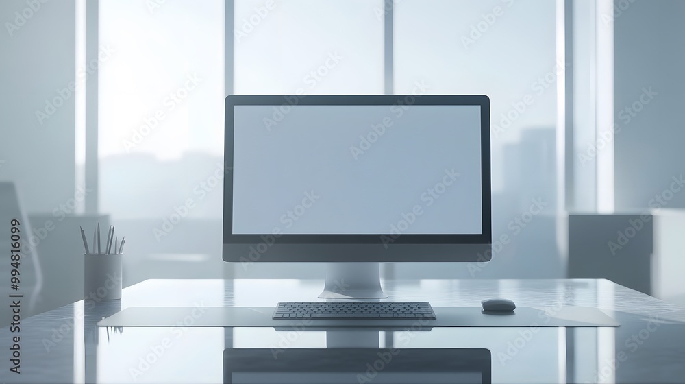 A sleek office setup with just a computer screen and keyboard on a ...