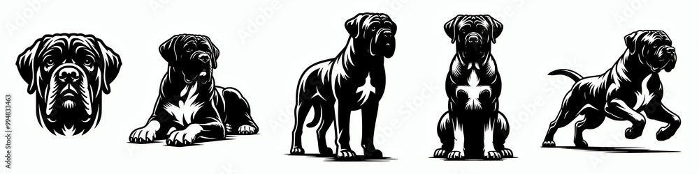 Boerboel dog black vector silhouette illustration collection set, big ...