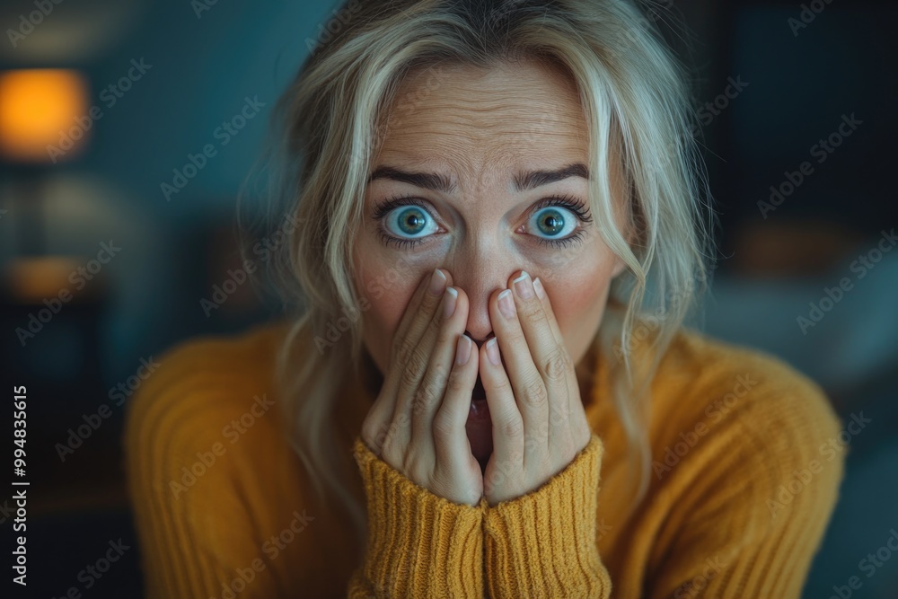 Shock and Surprise: A Middle-Aged Woman's Reaction in a Stylish Modern ...