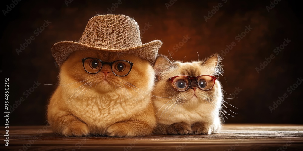 Charming cats don stylish hats and glasses while posing together in a ...