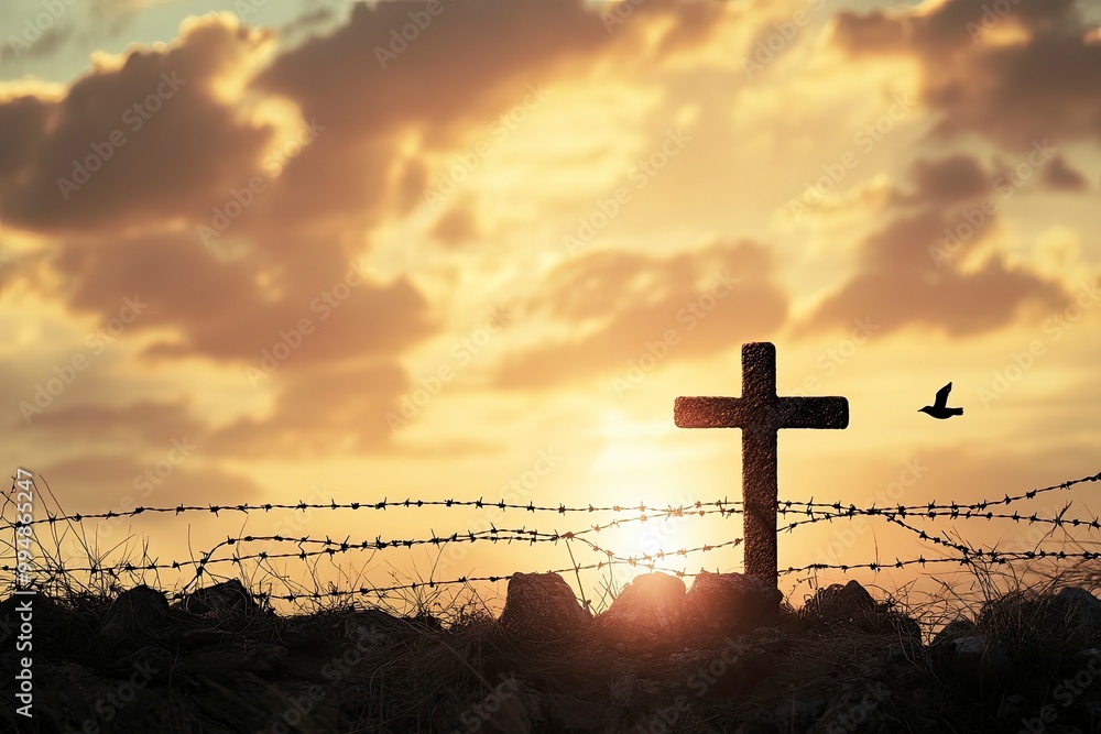 Cross of jesus christ break barrier wire on calvary sunday background ...