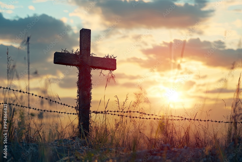 Cross of jesus christ break barrier wire on calvary sunday background ...