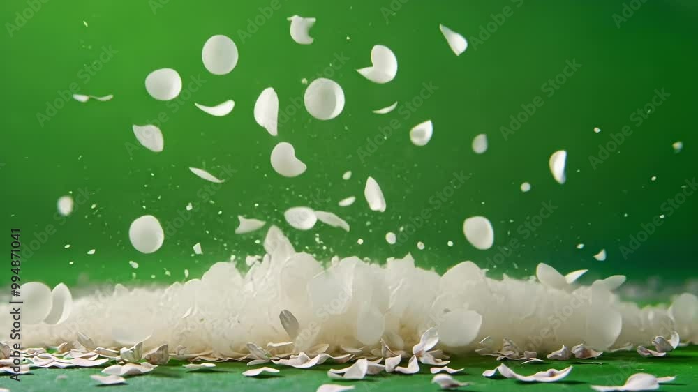 White flower petals falling slowly covering the bottom of the green ...