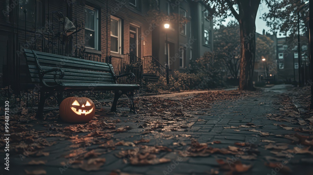 A spooky Halloween scene with a carved pumpkin glowing on a park bench ...